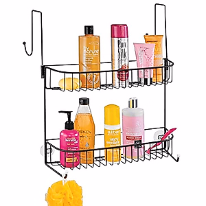 mDesign Extra Wide Metal Wire Over the Bathroom Shower Door Caddy, Hanging Storage Organizer with Built-In Hooks and Baskets on 2 Levels for Shampoo, Body Wash, Loofahs, Rust Resistant - Matte Black