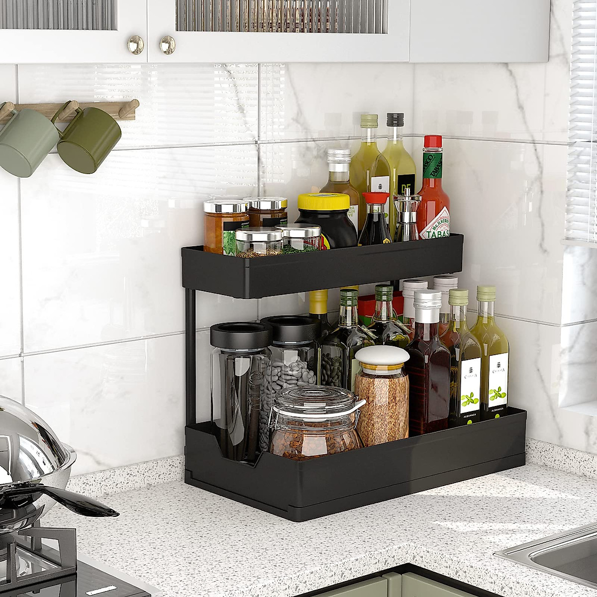 2 Pack Under Sink Organizers and Storage, 2 Tier Pull Out Cabinet Organizer Sliding Cabinet Basket Organizer Bathroom Kitchen Storage with Siding Drawers Multi-Purpose Office Organization and Storage