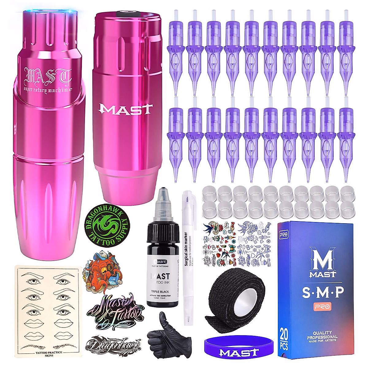 Mast Tour Tattoo Pen Kit, Wireless Tattoo Battery Power Supply Tattoo Machine Gun Kit, 20Pcs Cartridge Tattoo Needles Certificated Safe Black Ink