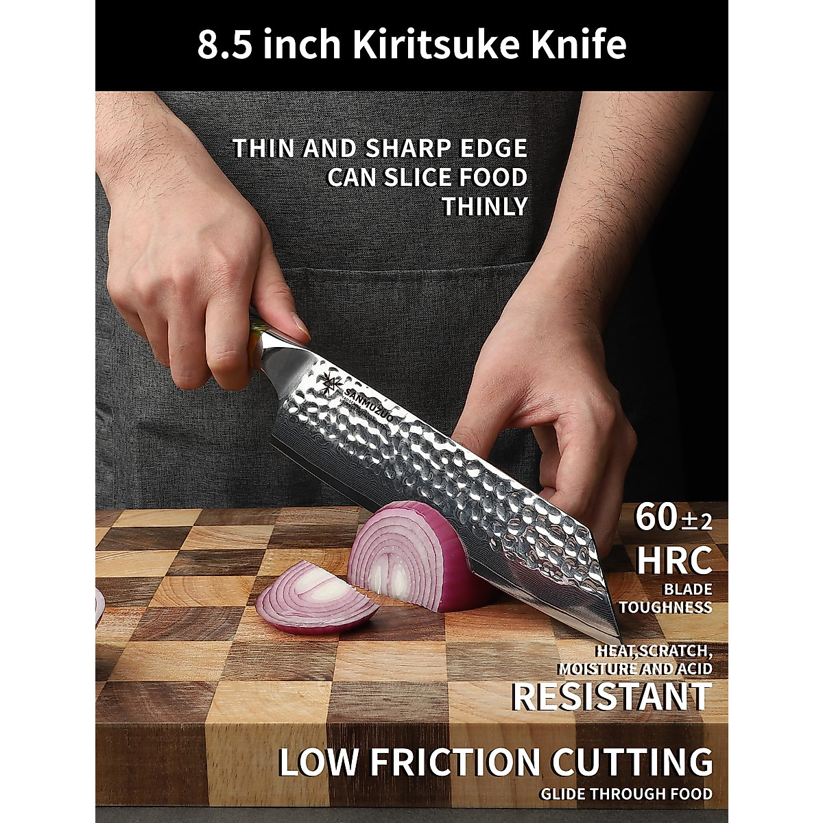 SANMUZUO 8.5" Kiritsuke Knife - Professional Kitchen Chef Knife - Hammered Damascus Steel & Resin Handle - YAO Series