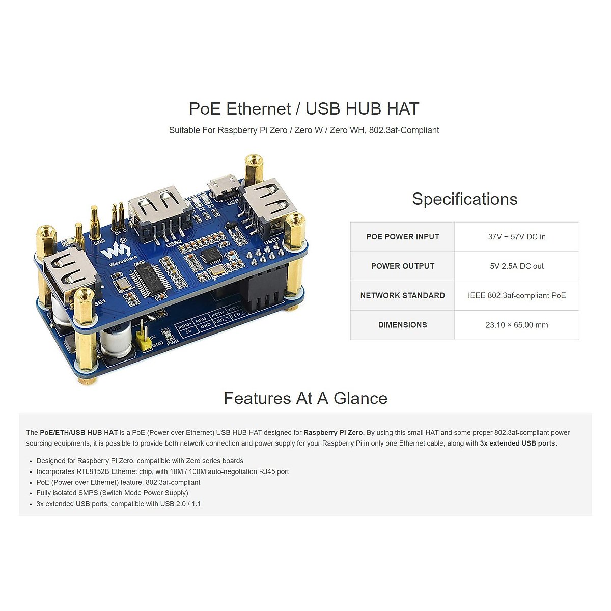 waveshare PoE Ethernet/USB HUB HAT Expansion Board for Raspberry Pi Zero/Zero 2 W/W/WH, with 1 RJ45 10/100M Ethernet Port, 3 USB Ports Compatible with USB2.0/1.1,802.3af-Compliant