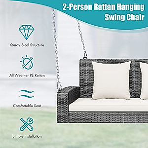RELAX4LIFE 2-Person Porch Swing Bench - PE Rattan Outdoor Swing Chair with Comfortable Seat & Back Cushions, Rustproof Metal Chains, Patio Loveseat Swing for Balcony, Garden, Yard, 800 LBS (Off White)