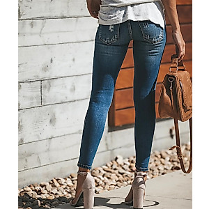 KUNMI Women's Mid Waisted Skinny Ripped Jeans Slim Fit Distressed Stretchy Denim Pants, 6, M002-blue