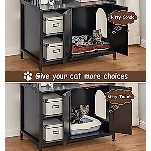 BEWISHOME Large Cat Litter Box Enclosure Hidden Litter Box Furniture with Shelf Storage, Sturdy Cat Washroom Furniture Wooden Cat House Black CMW03B