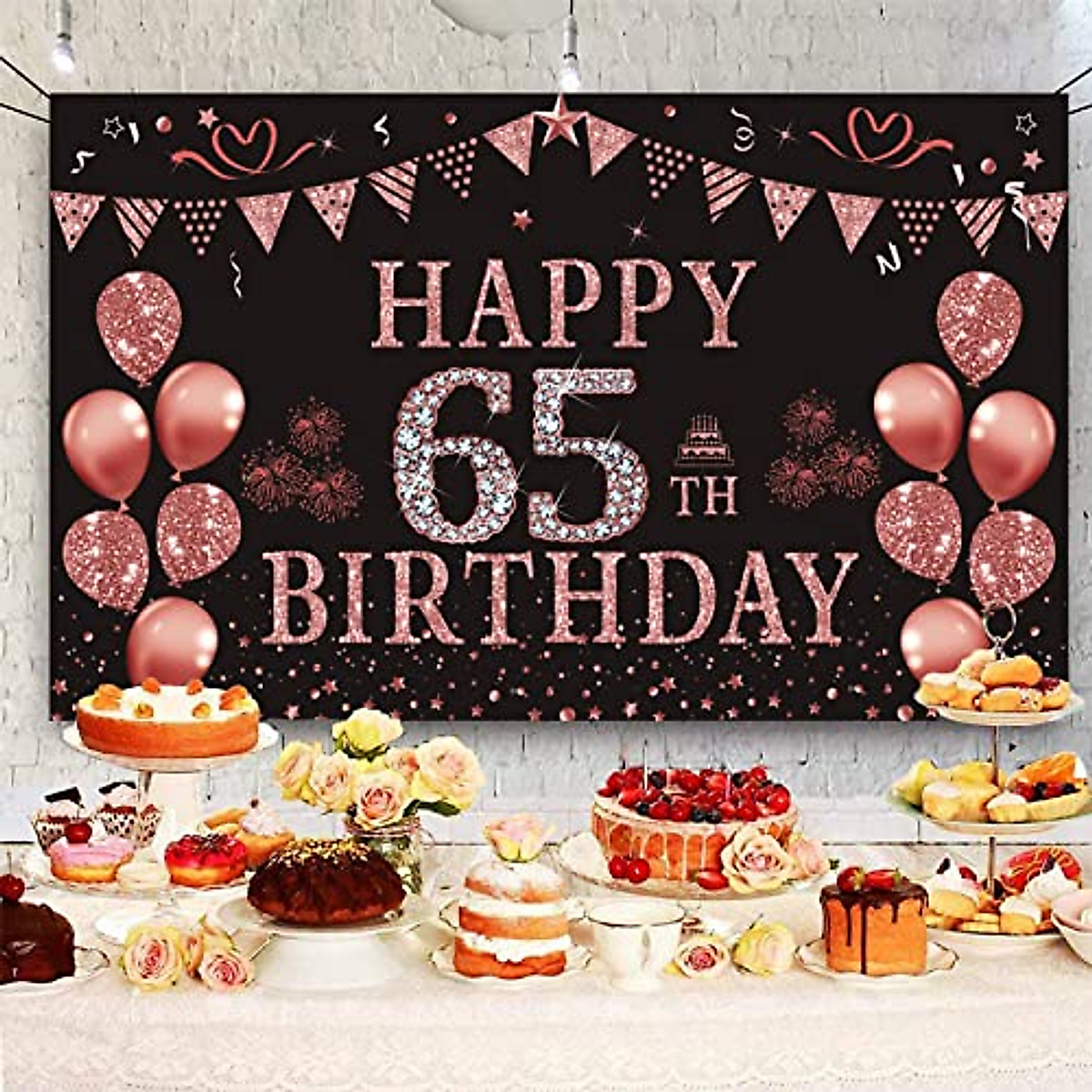 Trgowaul 65th Birthday Decorations for Women 65 Year Old Rose Gold Birthday Backdrop Banner 5.9 X 3.6 Fts Happy Birthday Party Suppiles Photography Supplies Background Happy 65th Birthday Decoration