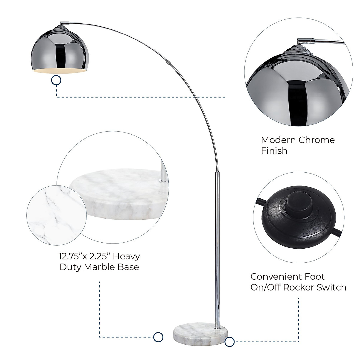 Versanora Arquer Modern Arc Floor Lamp 67 inch Tall Standing Hanging Light with Chrome Finished Shade and White Marble Base for Living Room Reading Bedroom Office