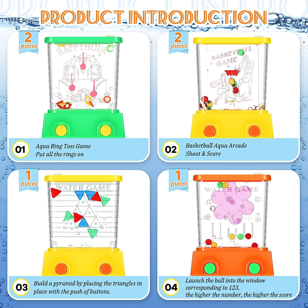 Sumind 6 Pieces Handheld Water Game Miniature Aqua with Fish Basketball Ring Toss Handheld Toys New Year Fun Gifts Travel Games for Kids & Adults(Chic Style)