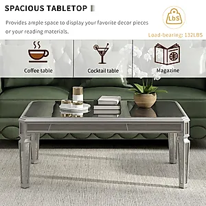 EMKK Sleek Glass Mirrored Coffee Adjustable Legs, Easy Assembly Cocktail Sturdy Design, Luxury Contemporary Center Table for Living Room, Silver
