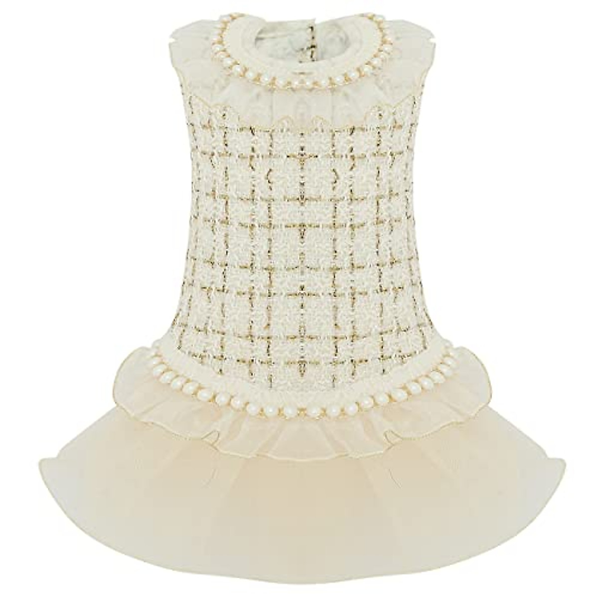 Dog Plaid Dress Lace Tulle Tutu Princess Skirt with Pearls Accessory for Small Girl Dogs Christmas Holiday Wedding Birthday Party (White, M)