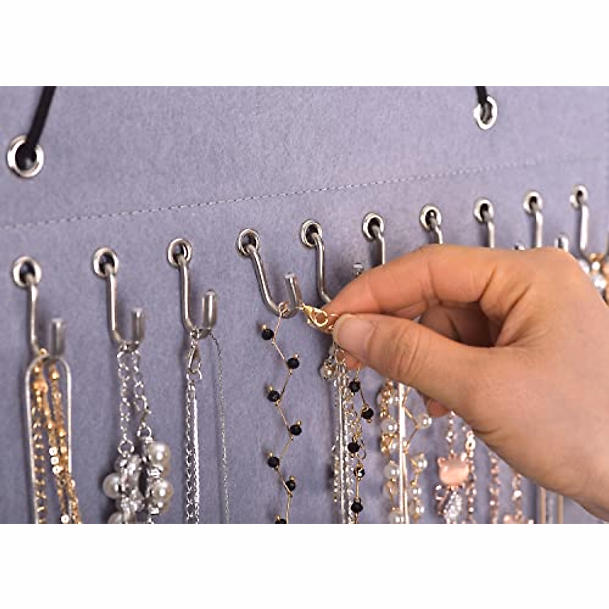 Jewelry Storage Hanging Organizers Large Capacity Wall Mounted Jewelry Organizer Holder Storage with 24 Hooks and Rope Necklace Storage Rack (Style1-Grey)