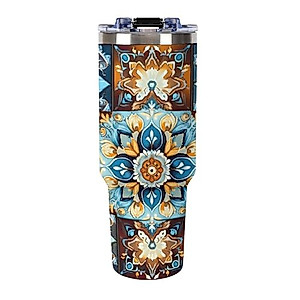 40 Oz Traditional Mexican Pattern Insulated Stainless Steel Tumbler with Handle & Straw Lid, Reusable Travel Cupholder Friendly Mug for Coffee, Water, Tea