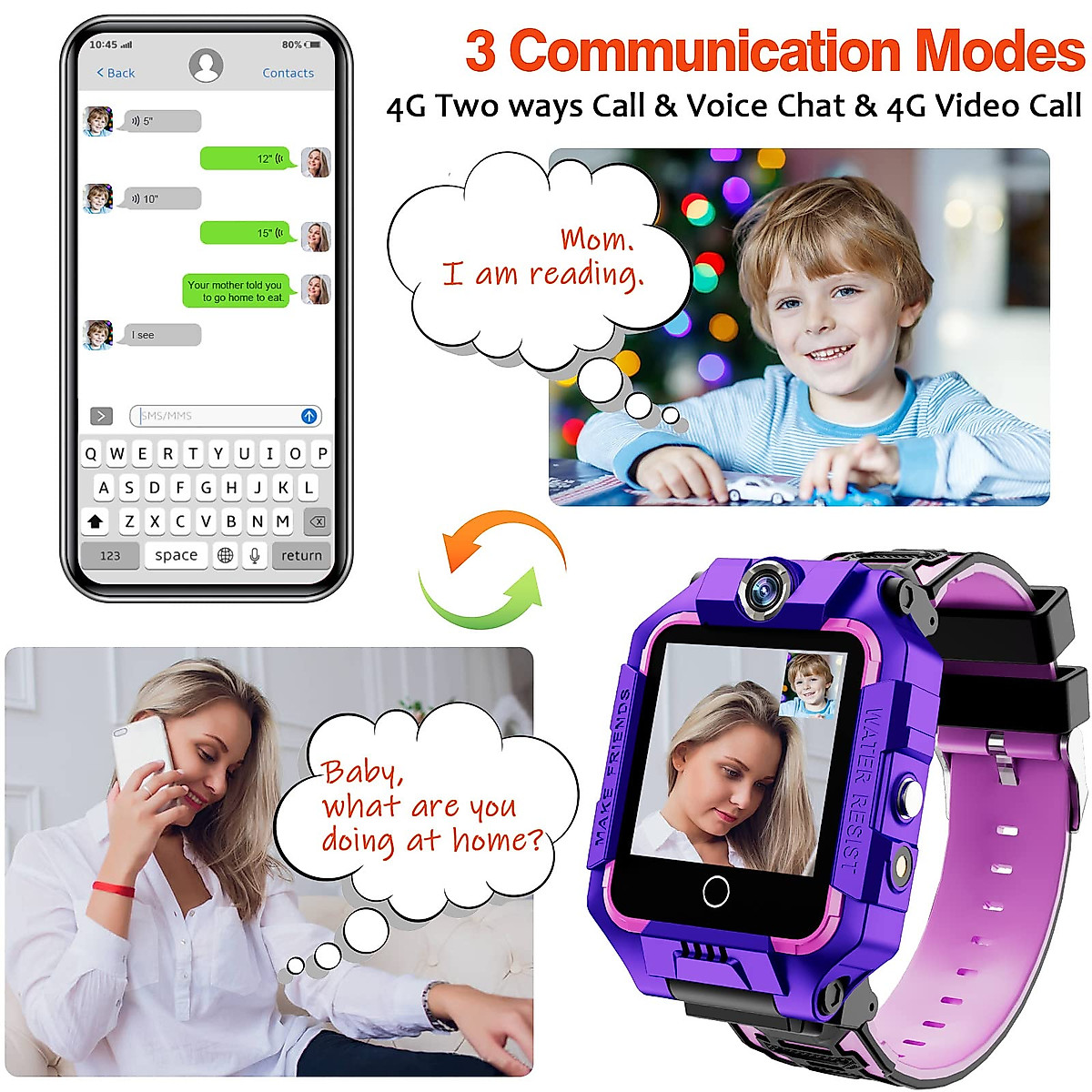 OKYUK 4G Kids Watch Phone T10, Funny 360° Rotation Screen Dual Camera Smart Watch for Boys Girls, IP67 Waterproof, 2-Way Calls, GPS, SOS, Video Calls, Remote Control, Pedometer Smartwatch (Purple)