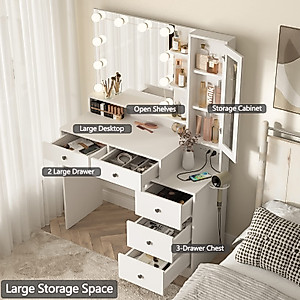 Fameill White Makeup Vanity Desk with Mirror and Lights,Vanity Table with Power Strip and Lighted Mirror,Large Makeup Table with 5 Drawers Lots Storage,3 Lighting Modes,39.4inch(L)