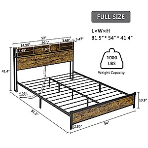 Alohappy Full Size Bed Frame with Led Bookcase Headboard and Charging Station，Metal Platform Bed Frame with RGB Light Strips, Sturdy and No Noise Easy Installation No Box Spring Needed
