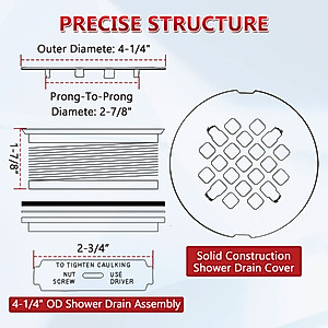 4-1/4" OD Shower Drain Assembly, Snap in Shower Base Drain and Matte Black Round Grid Strainer Cover, Fits 2 in. Schedule 40 ABS and PVC Pipes, Stainless Steel Cap, ABS Drain Base