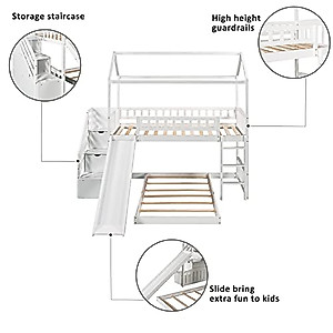 Bunk Bed with Slide, House Bunk Beds Twin Over Twin Stairway Bunk Beds Playhouse Bunkbed with Storage for Kids Toddlers Girls/Boys, White
