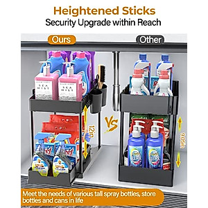 Stackable Under Sink Organizers and Storage - DILEASIR Upgraded 12in Heightened Sticks 2 Tier Under Sink Organizer with 4 Hanging Cups, 8 Dust Plugs, 8 Hooks, Multi-function Storage, Black, 2 Pack