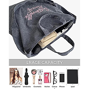 Corduroy Tote Bag for Women,Large Tote Bag ,Shoulder Bag with Zipper&Inner Pockets,Hobo Crossbody Handbag Casual Tote. (Grey)
