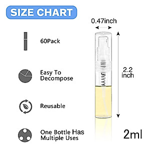 Csdtylh Mini Spray Bottle, Clear Plastic Empty Sample Containers, Fine Mist Perfume Travel Refillable Spray Bottle Perfume Atomizer Small Portable Bottle for Cleaning, Travel, Essential Oils (60, 2ml)