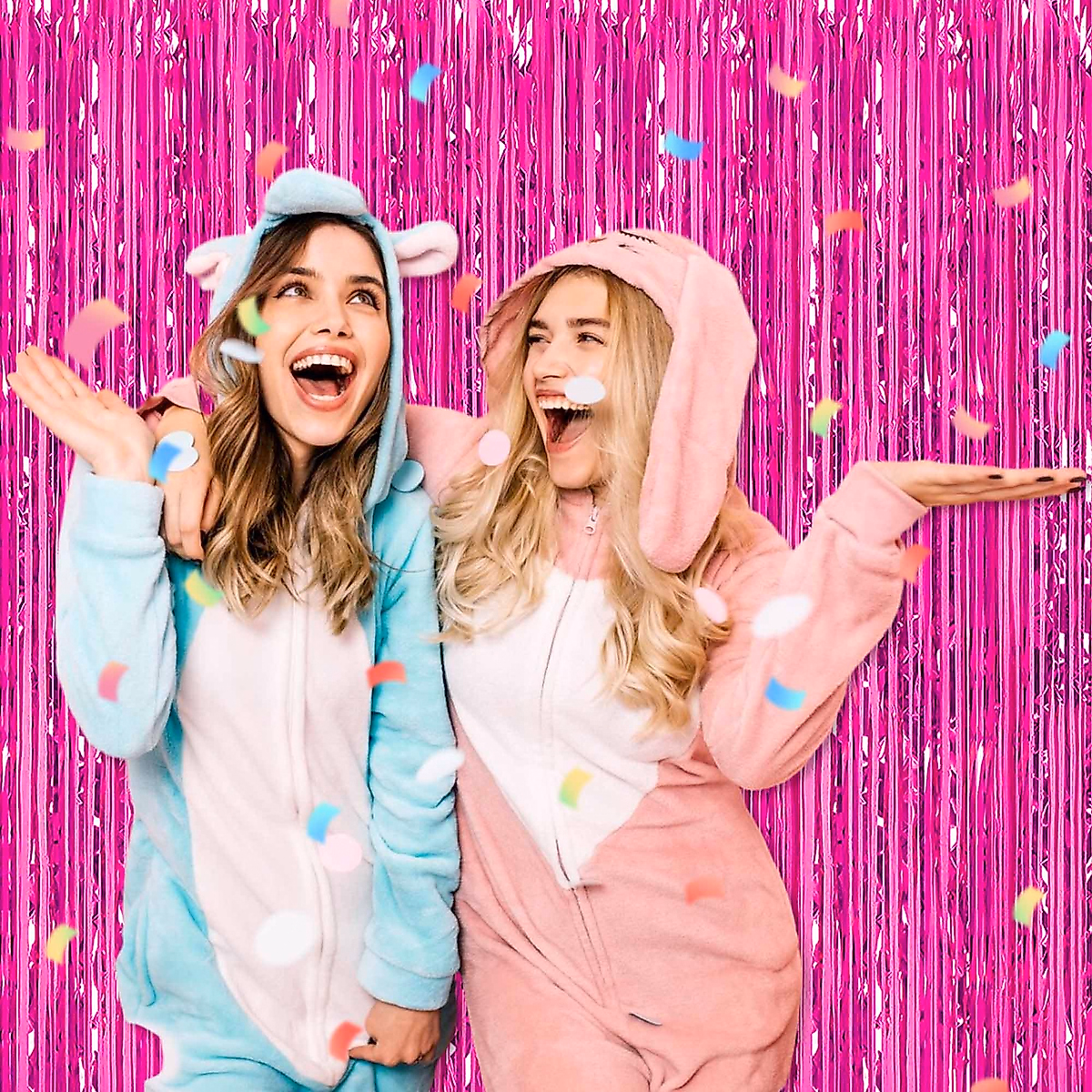 3 Pack Fuchsia Foil Fringe Curtains Backdrop, 3.28 x 8.2 Ft Metallic Streamers Tinsel Curtains Background for Photo Booth, Birthday, Halloween, Christmas, Thanksgiving, New Year Party Decorations