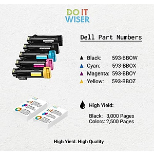Do it Wiser Compatible Printer Toner Cartridge Replacement for Dell H625cdw H825cdw S2825cdn - High Yield Laser Cartridges 593-BBOW 593-BBOX 593-BBOY 593-BBOZ (2 Blacks 1 Cyan 1 Magenta 1 Yellow)