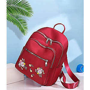 ZEHO Women Cute Mini Nylon Backpack Purse Casual Lightweight Small Daypack for Girls Embroidered Floral Backpack, Red, One Size, (0026-01Z)