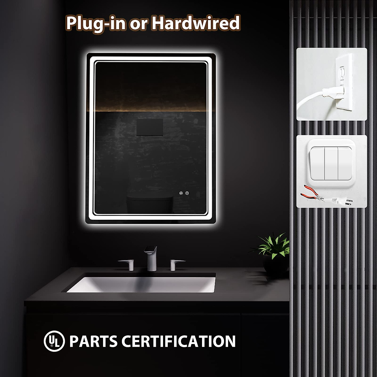 HOMECOOKIN Wall Mount 20x28 inches LED Mirror, Bathroom, Rectangular, Aluminum, Modern, Anti-Fog, Adjustable 3 Colors, Backlit