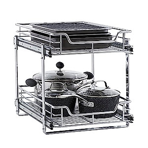 Household Essentials Glidez Slide Out Cabinet Organizer, 14.5” Wide, Durable Chrome-Plated Steel Frame, Dual Baskets and Smooth Glides, Heavy-Duty and Space-Optimizing, Simple Assembly and Installation, Chrome