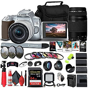 Canon EOS 250D / Rebel SL3 DSLR Camera with 18-55mm Lens (Silver) (3461C001) + Canon EF 75-300mm f/4-5.6 III Lens (6473A003) + 64GB Memory Card + Color Filter Kit + Filter Kit + More (Renewed)