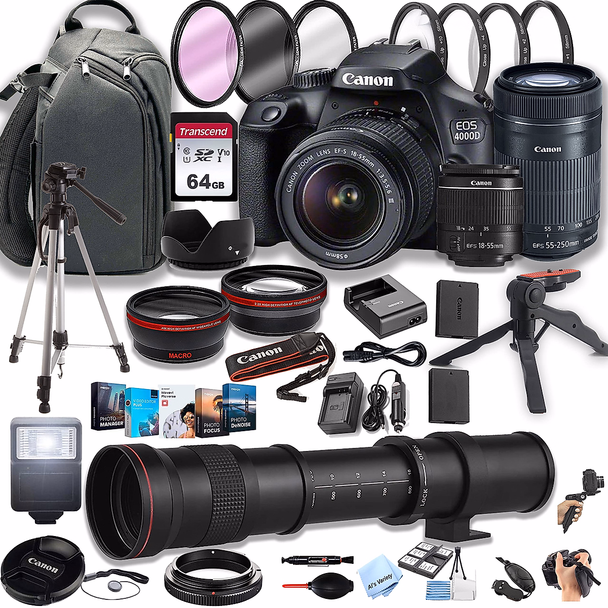 Canon EOS 4000D (Rebel T100) DSLR Camera w/EF-S 18-55mm F/3.5-5.6 Zoom Lens + 55-250mm f/4-5.6 is STM Lens + 420-800mm Super Telephoto Lens + 64GB Memory Cards, Professional Photo Bundle (Renewed)