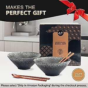 Alex Kato Ceramic Japanese Ramen Bowls Set of 2 - 60 ounce Large Noodle Soup Bowl, with Chopsticks and Spoon for Asian Pho Udon Soba (Black)