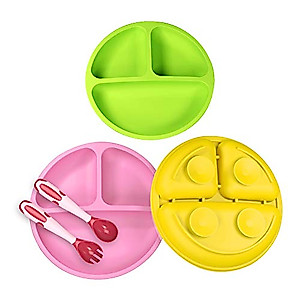Wee me Suction Plates for Babies & Toddlers - Silicone Plates with Lids and Spoon Fork For Baby, Dishwasher and Microwave Oven Safe, 3 Pack (Green, Pink & Yellow)