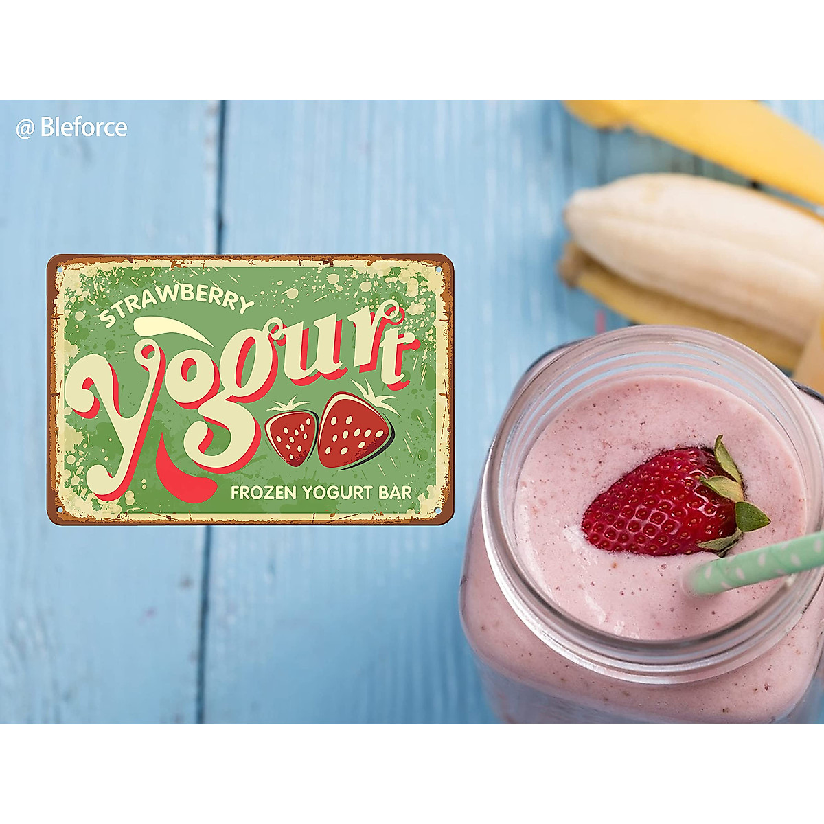 Vintage Metal Tin Sign Yogurt Strawberry Metal Sign Metal Plaque Bar Pub Retro Wall Decor Poster Home Club 8X12inches