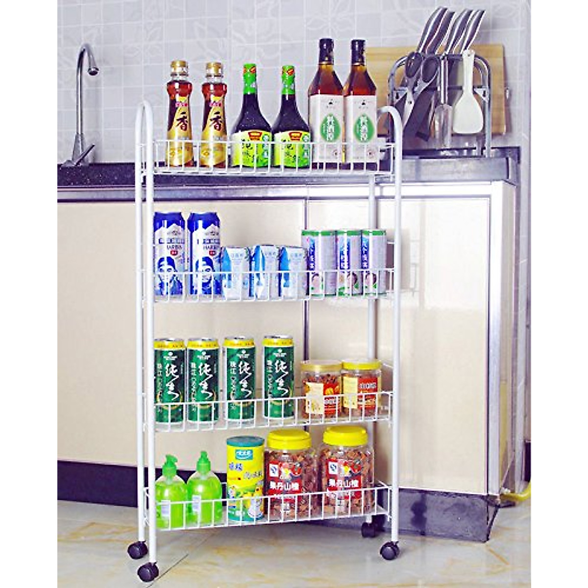 OKOKMALL US--Kitchen Storage Cart Slim Fridge Slide Tower Rack Shelf 4-Tiers with Wheels