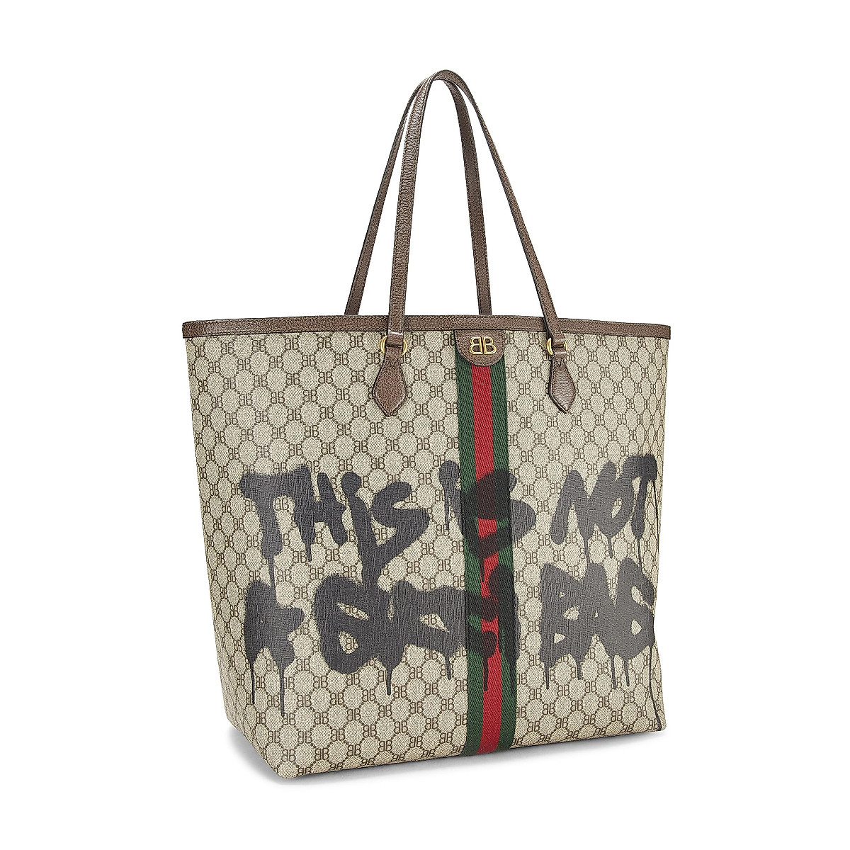 Balenciaga, Pre-Loved Balenciaga x Gucci Beige Coated Canvas Hacker Graffiti Tote Large, Brown