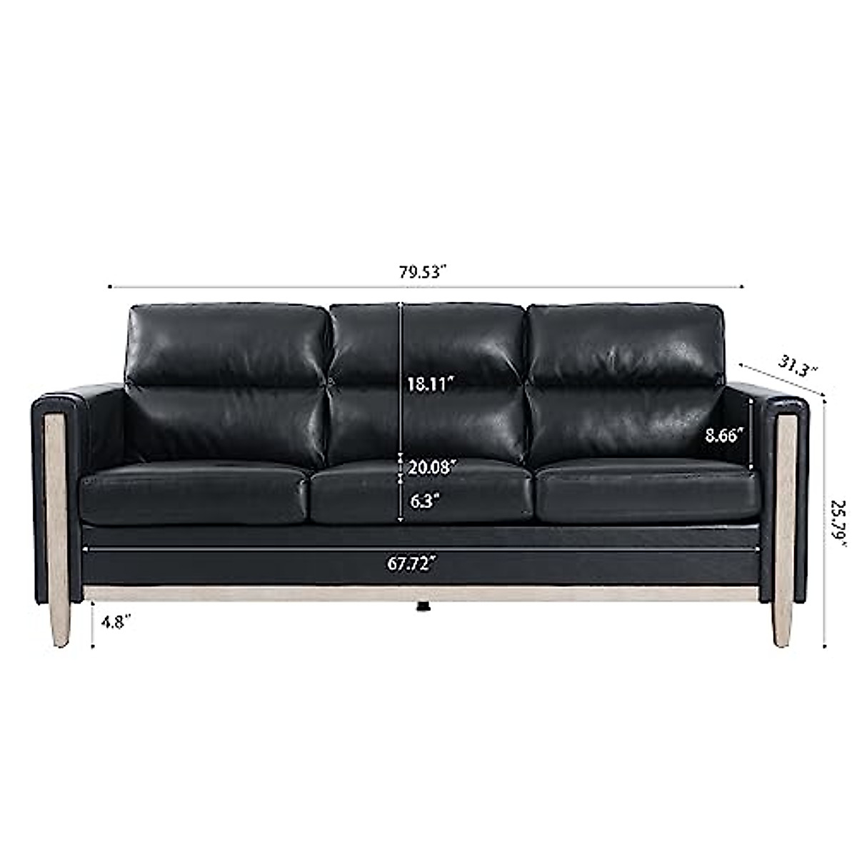 Haplized Comfortable PU Leather Sofa Couch,Soft Cushions with Solid Wood Legs, Durable and Long-Lasting,Couchs Sofa for Living Room,Apartment (Black, 3 Seater Sofa)