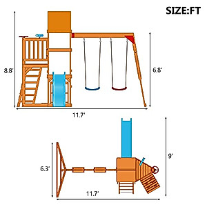 MengK Wooden Swing Set with Slide, Climbing Wall, Sandbox and Wood Roof, Outdoor Playhouse Backyard Activity Playground Playset for Toddlers