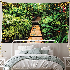 Ambesonne Peace Garden Tapestry, Garden with Tropical Plants and Wooden Path Tranquility Harmony Theme, Fabric Wall Hanging Decor for Bedroom Living Room Dorm, 90" X 60", Green Pale Brown