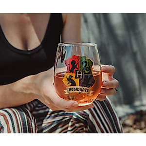 Silver Buffalo Harry Potter Hogwarts Crest 20-Ounce Stemless Wine Glass | Wizarding World Tumbler Cup For Mimosas, Cocktails
