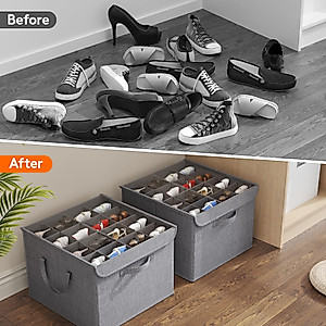 Lifewit Shoe Organizer for Closet, Adjustable Dividers Shoe Storage Fits 16 Pairs, Clear Cover Shoe Box Fits for Boots Heels Sneakers, Foldable Storage Bins with Bottom Support, Light Gray, 2 Pack