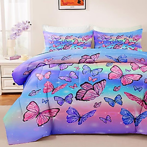 GRAT TIOC Girls Rainbow Butterfly Comforter Set Twin Size,Teen Girls Butterfly Bedding Set,Glitter Butterfly Bed Set Soft Lightweight Microfiber Bedroom Decorations with 2 Pillowcases