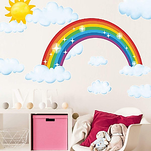 HERRA Sparkling Rainbow Cloud Animal Wall Decal Wall Sticker, Home Decor Peel and Stick Removable Rainbow Cloud Animal Wall Stickers Wall Mural for Kids Nursery Bedroom Living Room