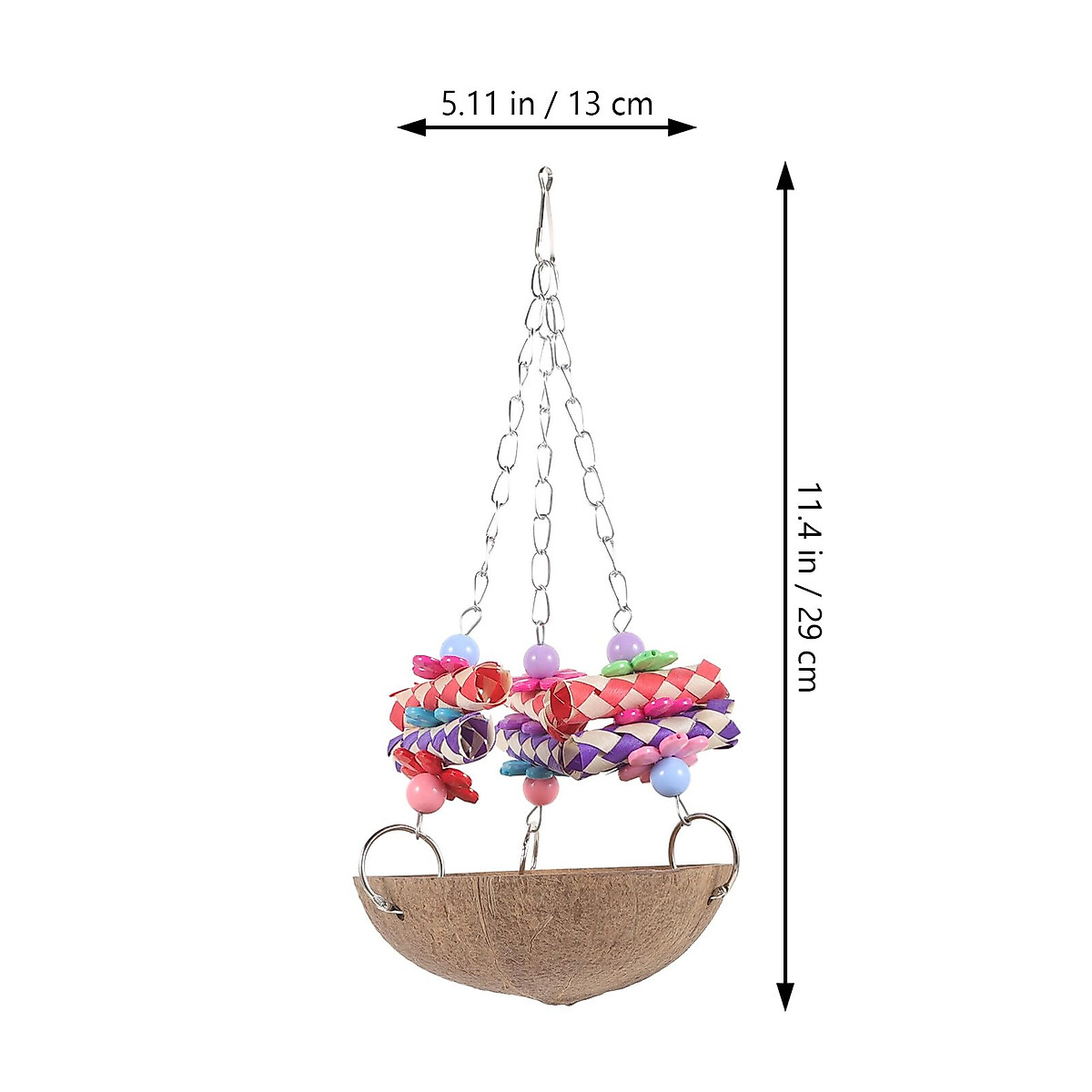 Bird Hammock Coconut Shell Hamster Nest Parrot Cage with Chain Charm and Fake Flower for Pet Hanging Bed (5x11”)