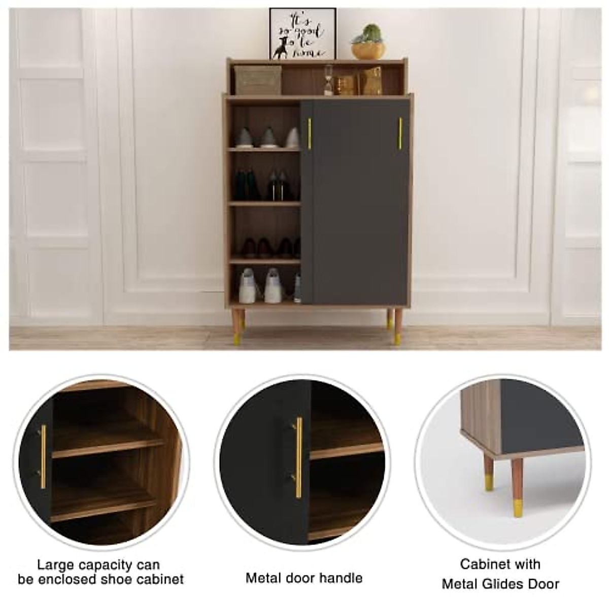 Alohappy Shoe Cabinet, 4-Tier Shoe Rack Storage Organizer with Sliding Doors & Wood Legs, Modern Shoe Storage Cabinet with Opening Shelf for Hallway Entryway Living Room Bathroom (Walnut& Black)