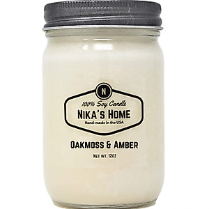 Nika's Home Oakmoss & Amber Soy Candle 12oz Mason Jar Non-Toxic White Soy Handmade, Long Burning 50-60 Hours Highly Scented All Natural, Clean Burning Candle Gift Décor