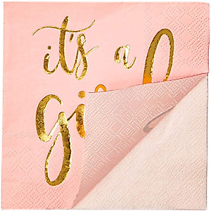 Sparkle and Bash 50 Pack It's a Girl Napkins for Baby Shower - Gold Foil Party Supplies (3 Ply, 5x5 In) - Baby Girl Napkins - Baby Shower Napkins - Its a Girl Cocktail Napkins