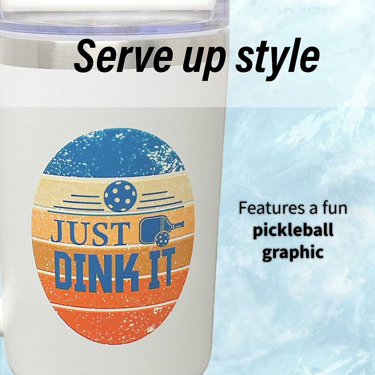 ReLIVE Pickleball Insulated 40oz Stainless Steel Tumbler Cup with Lid, Straw, and Handle, Drink, Tea, and Coffee Travel Mug - White