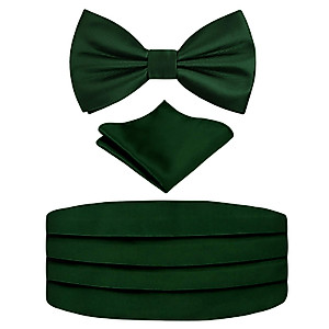 Alizeal Mens Prom Bow Tie, Handkerchief and Cummerbund Set (Solid Dark Green)