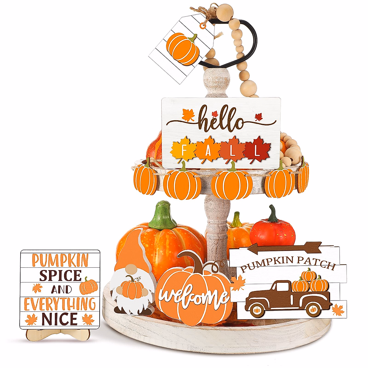 Yalikop Fall Tiered Tray Decor Set Thanksgiving Pumpkin Maple Leaves Gnome Wood Sign Hello Fall Rustic Farmhouse Wood Bead Decorative Tabletop Signs for Autumn Thanksgiving Day Table Holiday