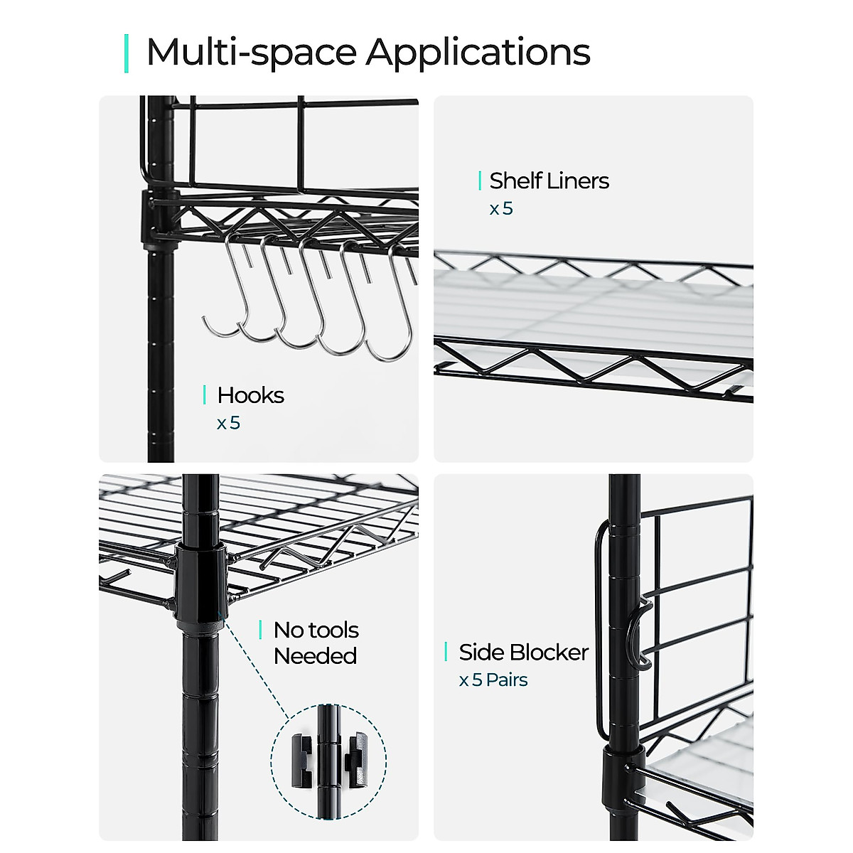 LINSY HOME Upgrade 5-Tier Storage Shelves, Height Adjustable Pantry Shelves with 5 Hooks & Shelf Liners, Metal Shelves for Storage, Storage Shelf Heavy Duty for Living Room, Kitchen, Bathroom